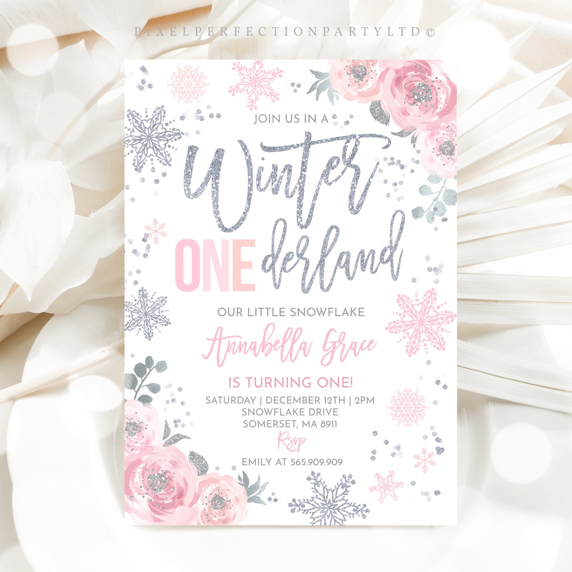 Editable Winter Onederland Invitation Pink and Silver Winter Onederland ...