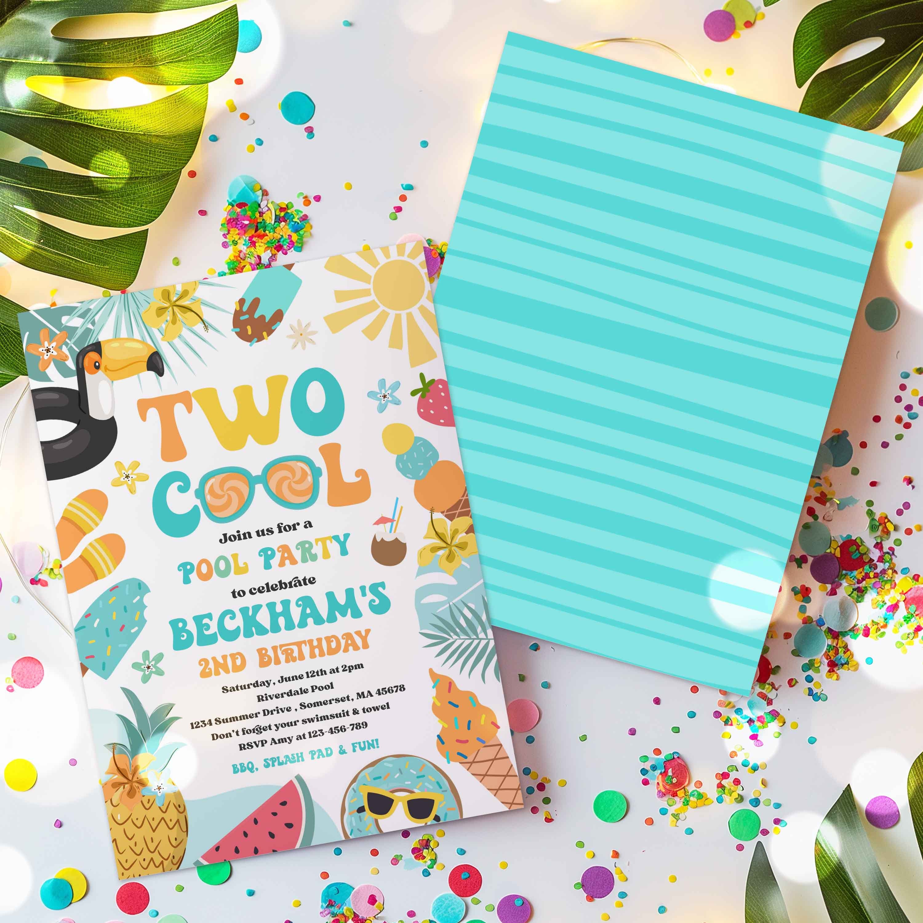 Editable Two Cool Birthday Party Invitation Tropical Splish Splash ...