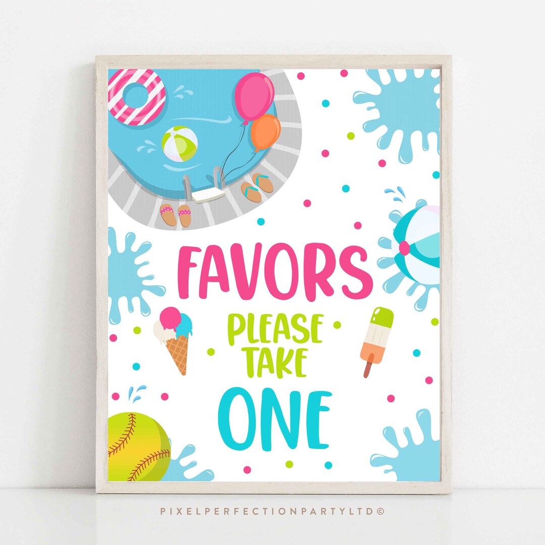 Softball Pool Party Favors Please Take One Table Sign Girl Summer Pool ...