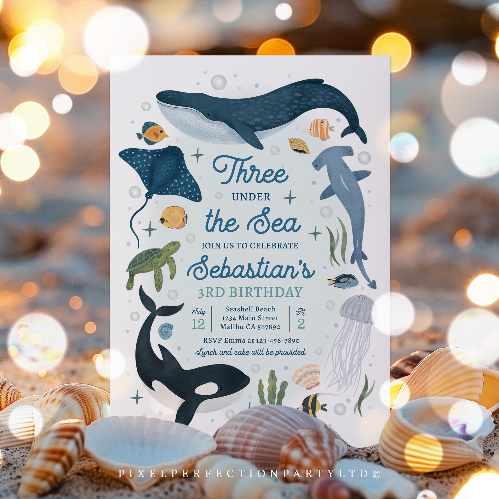 Editable Three Under the Sea 3rd Birthday Party Invitation Whale Turtle ...