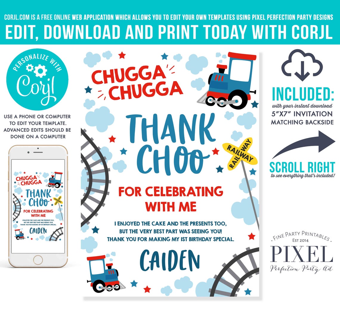 Editable Choo Choo Train Birthday Party Thank You Card Train - Etsy