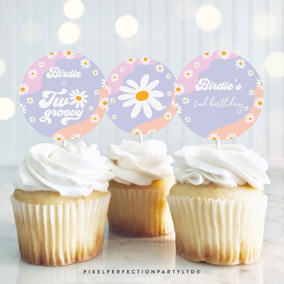 Editable Groovy Birthday Party Cupcake Toppers Pastel Retro Groovy ...