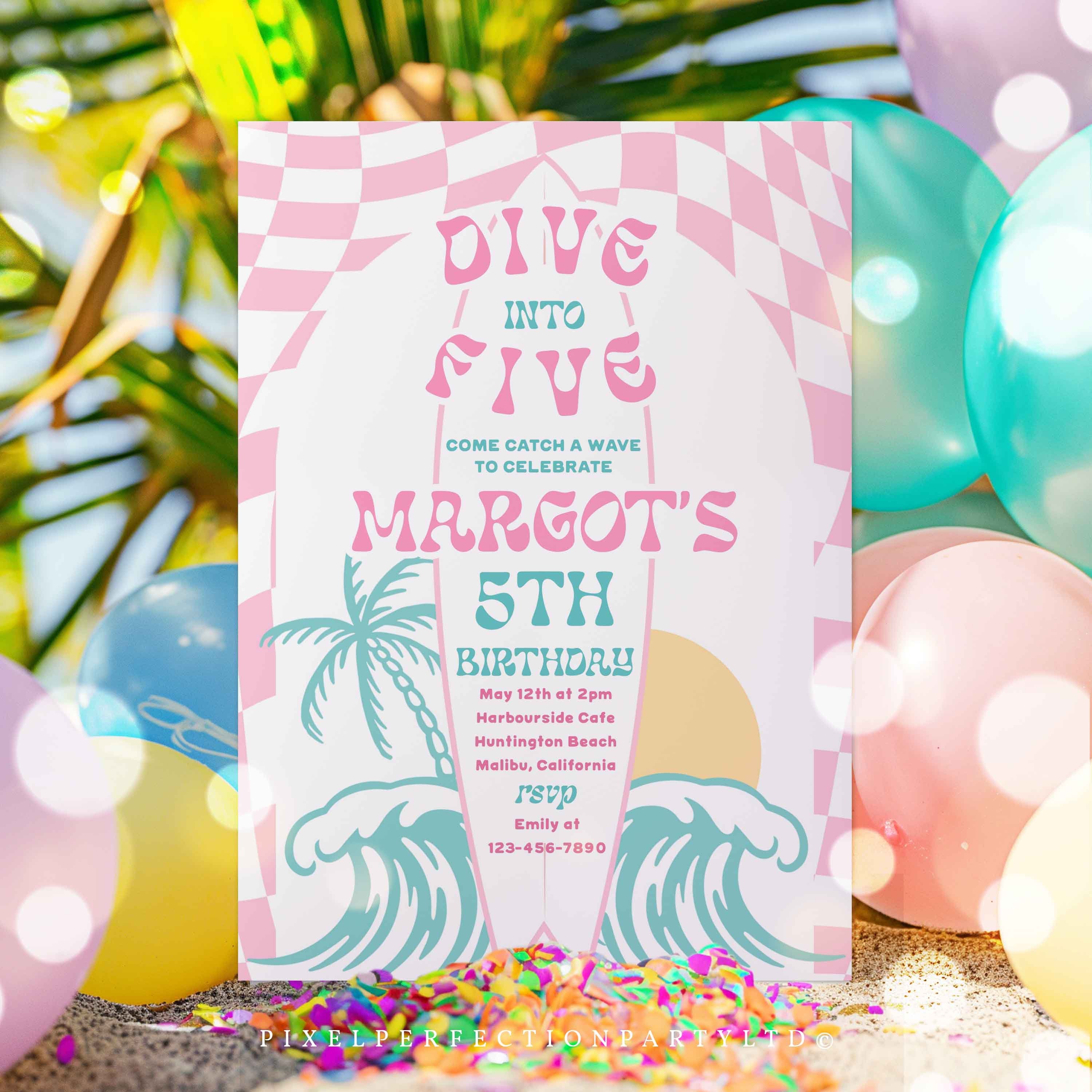 Editable Dive Into Five Surf 5th Birthday Party Invitation Girl Surf's ...