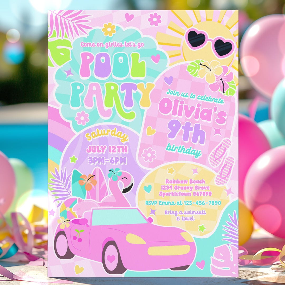 Editable Malibu Beach Pink Girly Pool Party Invitation Girly Let's Go ...