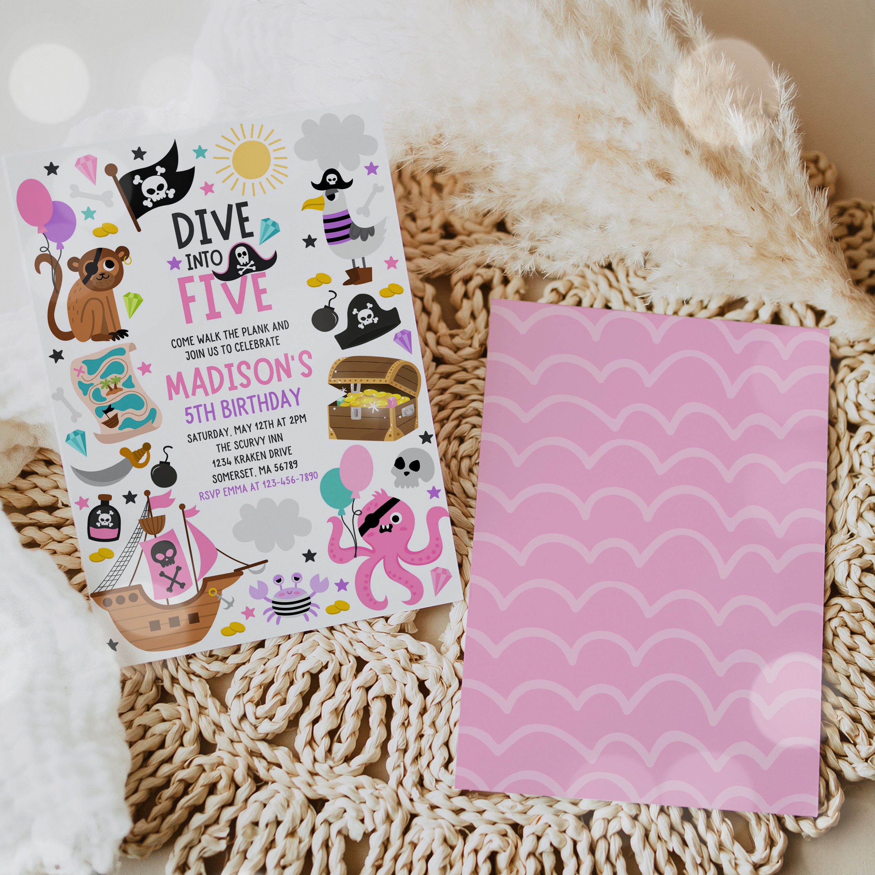 Editable Dive Into Five Girl Pirate 5th Birthday Party Invitation Girly ...