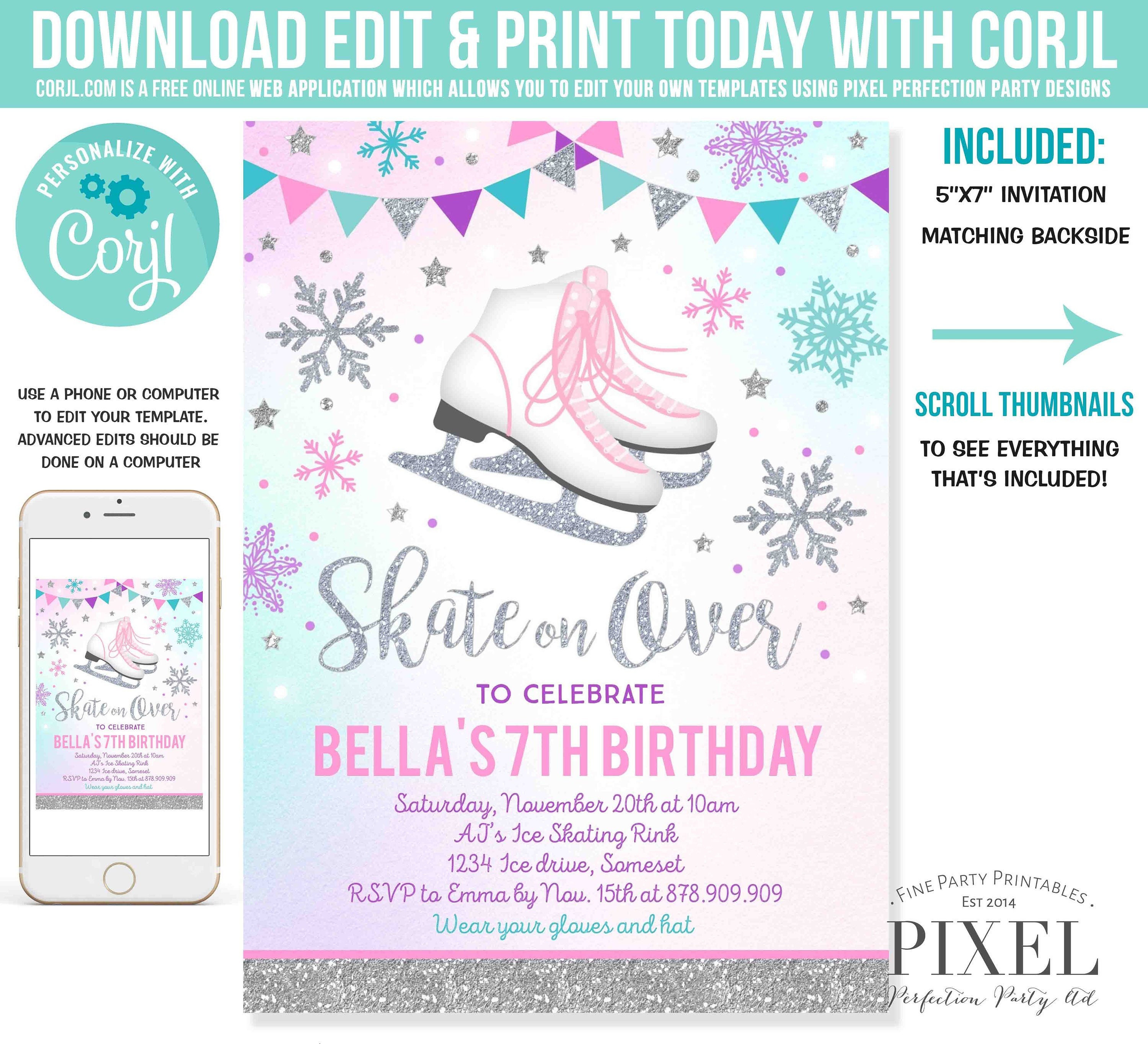 Ice skating Invitation Ice Skating Birthday Invite Pink Silver | Etsy
