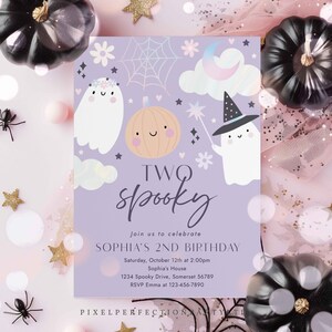Editable Two Spooky 2nd Birthday Party Invitation Cute Pink Pastel ...