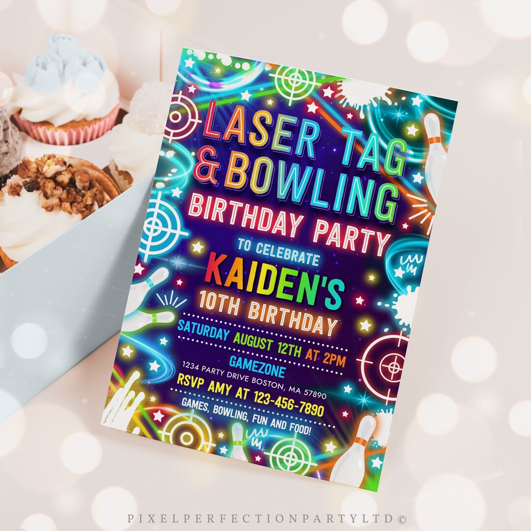 Editable Laser Tag Bowling Birthday Party Invitation Neon Glow Laser ...