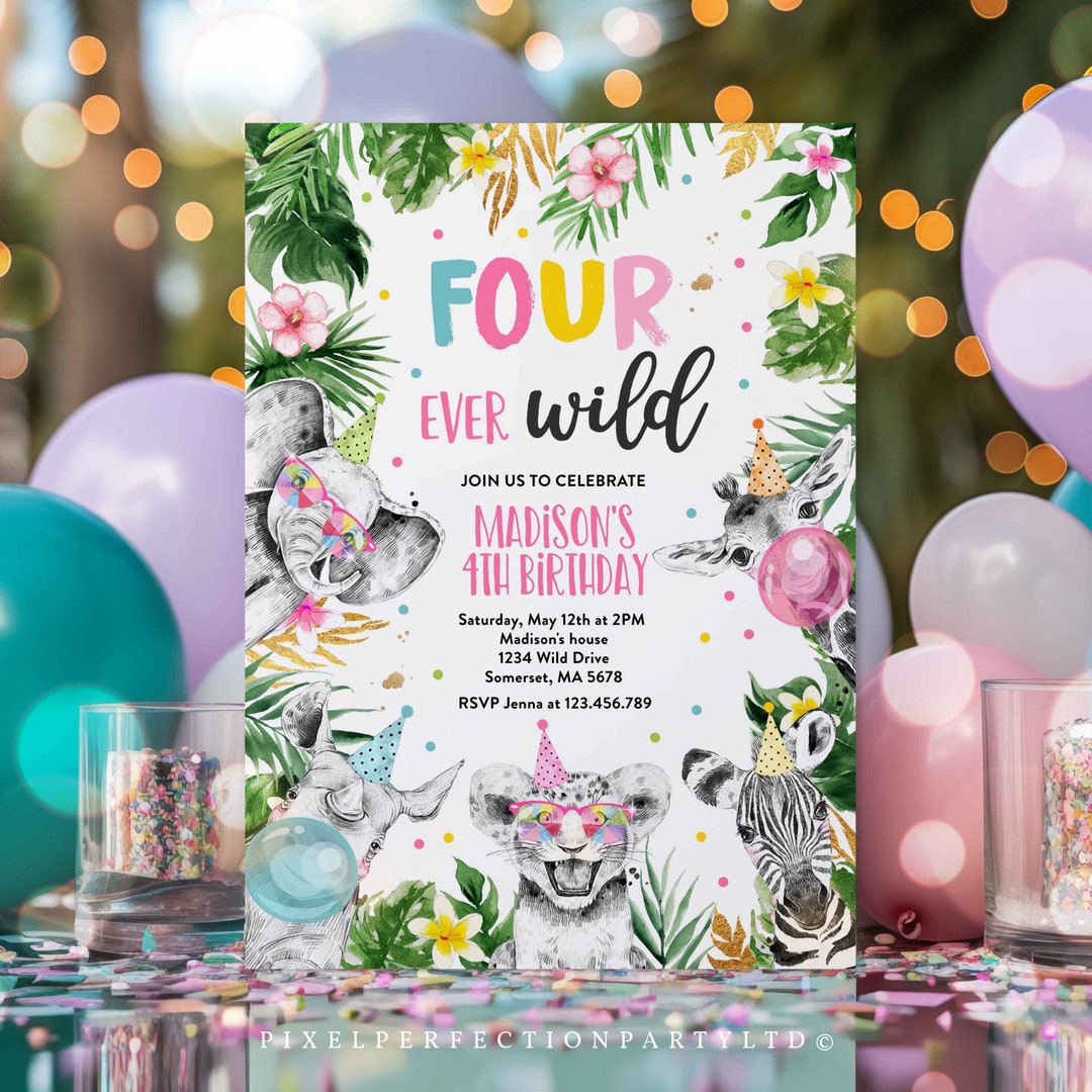 Editable Four Ever Wild Birthday Invitation Safari Animals Fourever ...