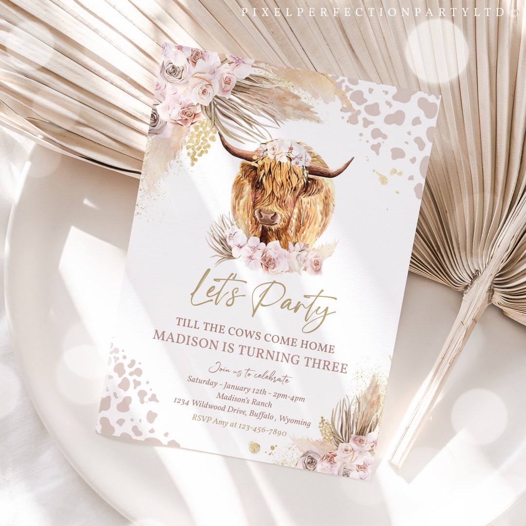 Editable Boho Cow Birthday Party Invitation Let's Party Till the Cows ...
