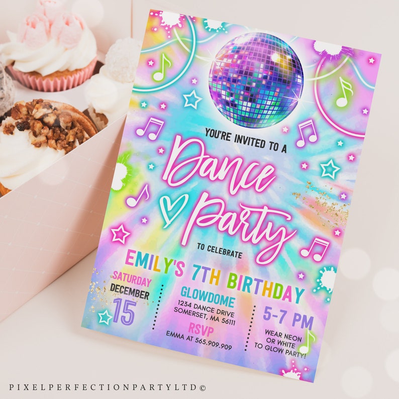 Editable Dance Birthday Party Invitation and Bundle Tie Dye Neon Glow ...