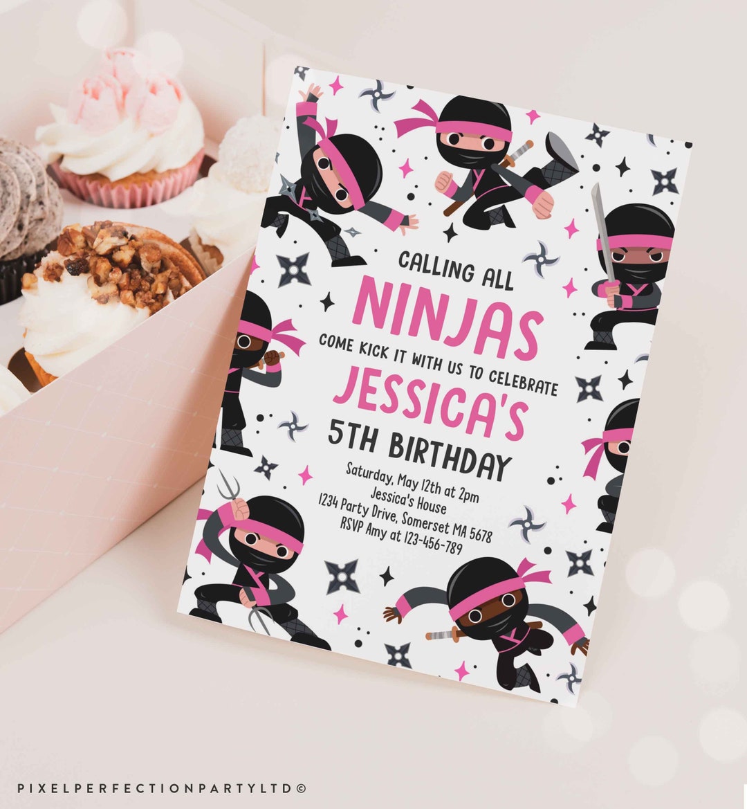 Editable Girl Ninja Birthday Party Invitation Pink Karate Birthday ...