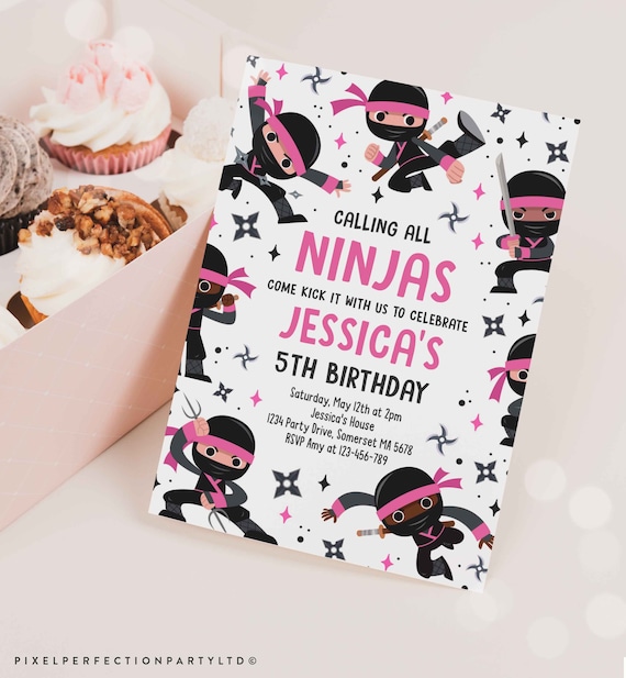 Editable Girl Ninja Birthday Party Invitation Pink Karate Birthday ...