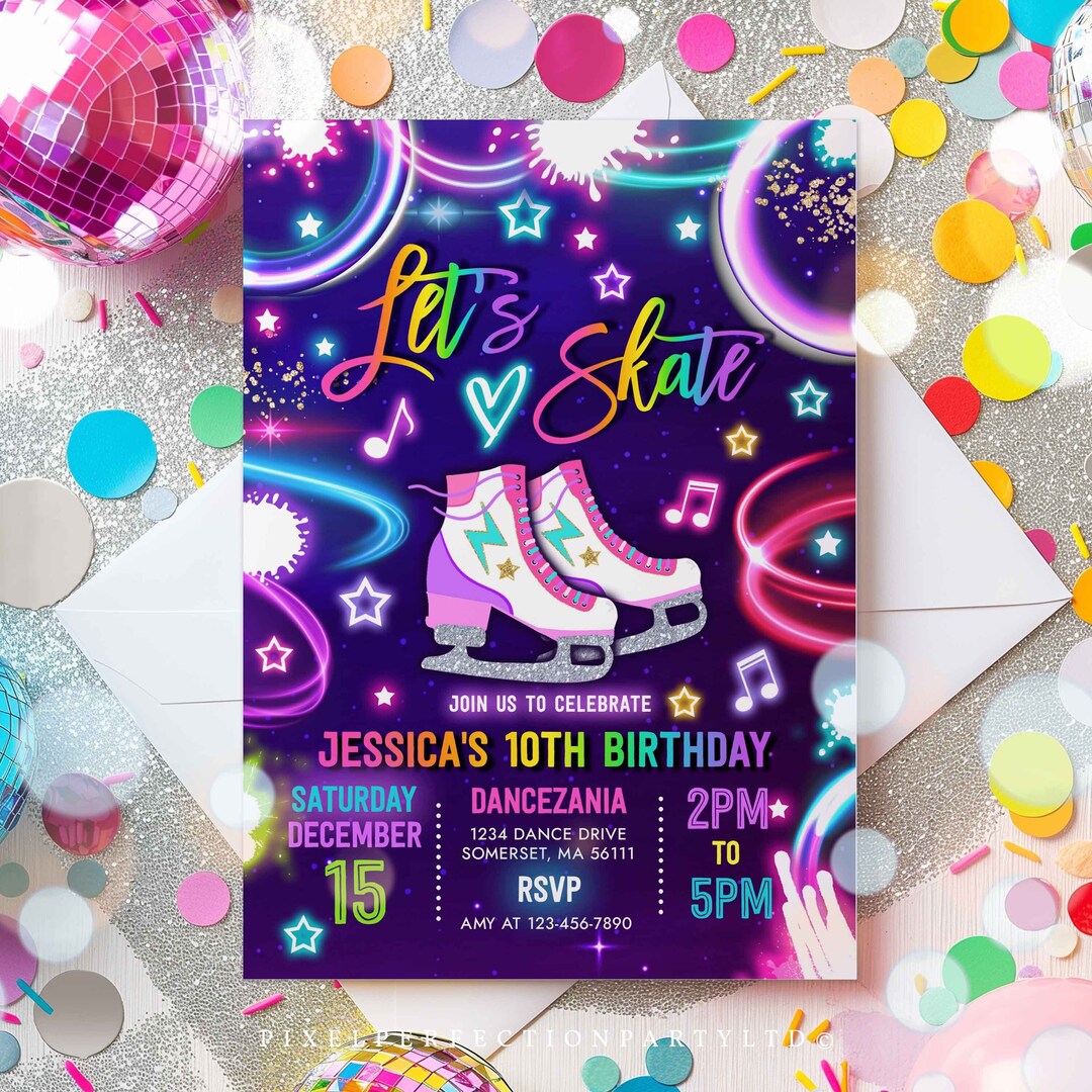 Editable Ice Skating Invitation Neon Glow Ice Skating Party Neon Glow ...