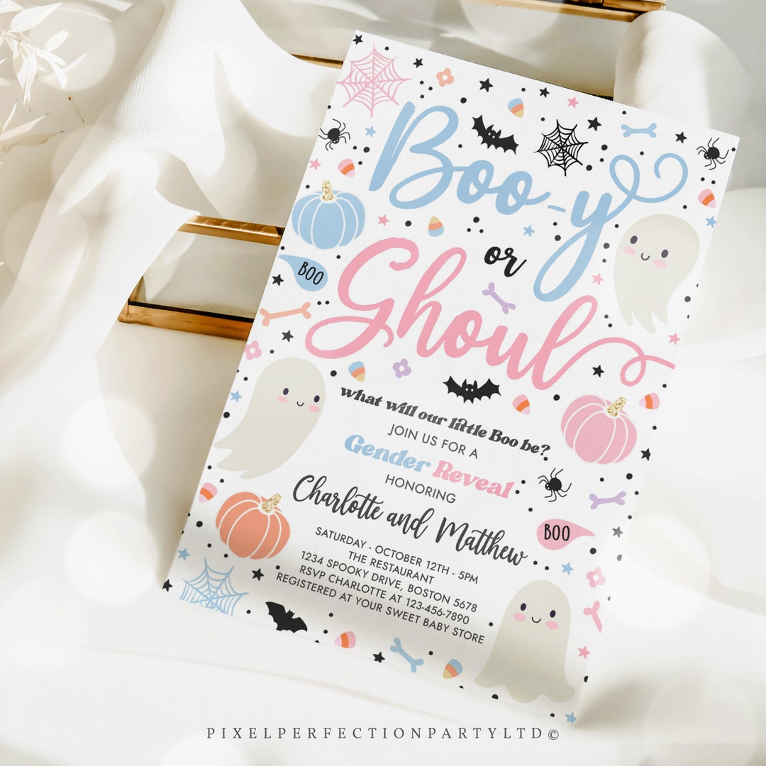 Editable Halloween Gender Reveal Invitation Little Boo Ghost Gender ...