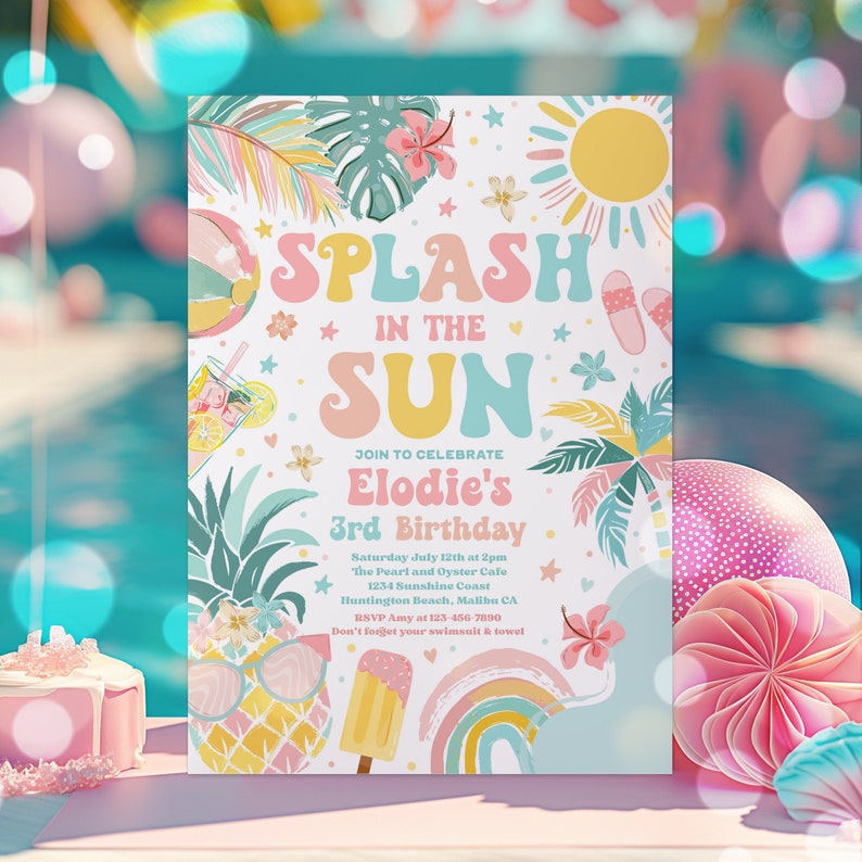 Editable Splash in the Sun Birthday Party Invitation Tropical Summer ...