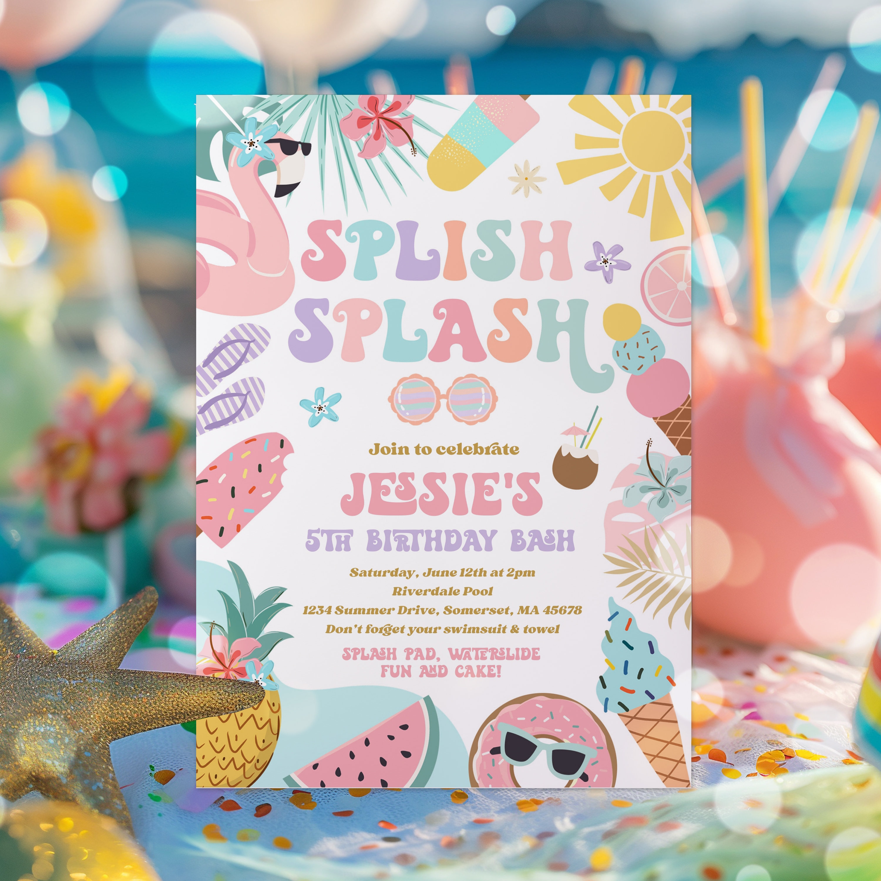 Editable Tropical Splish Splash Water Birthday Party Invitation Girly ...