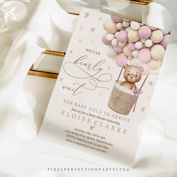 Editable Teddy Bear Hot Air Balloon Baby Shower Invitation Girl Mauve Pink Teddy Bear Baby ...