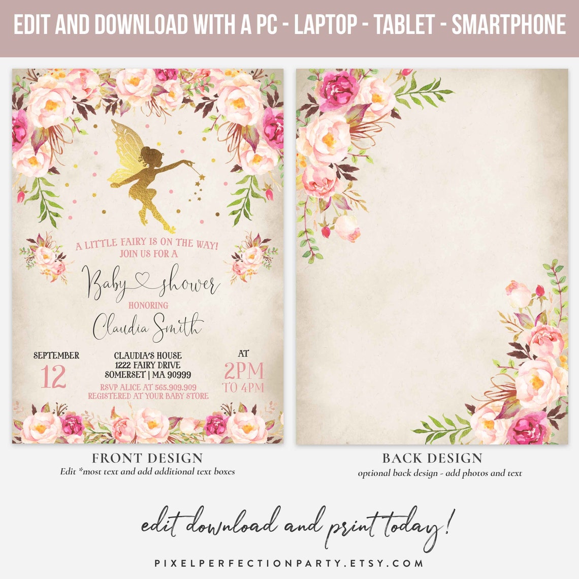 Fairy Baby Shower Invitation Floral Fairy Baby Shower Rustic Floral ...