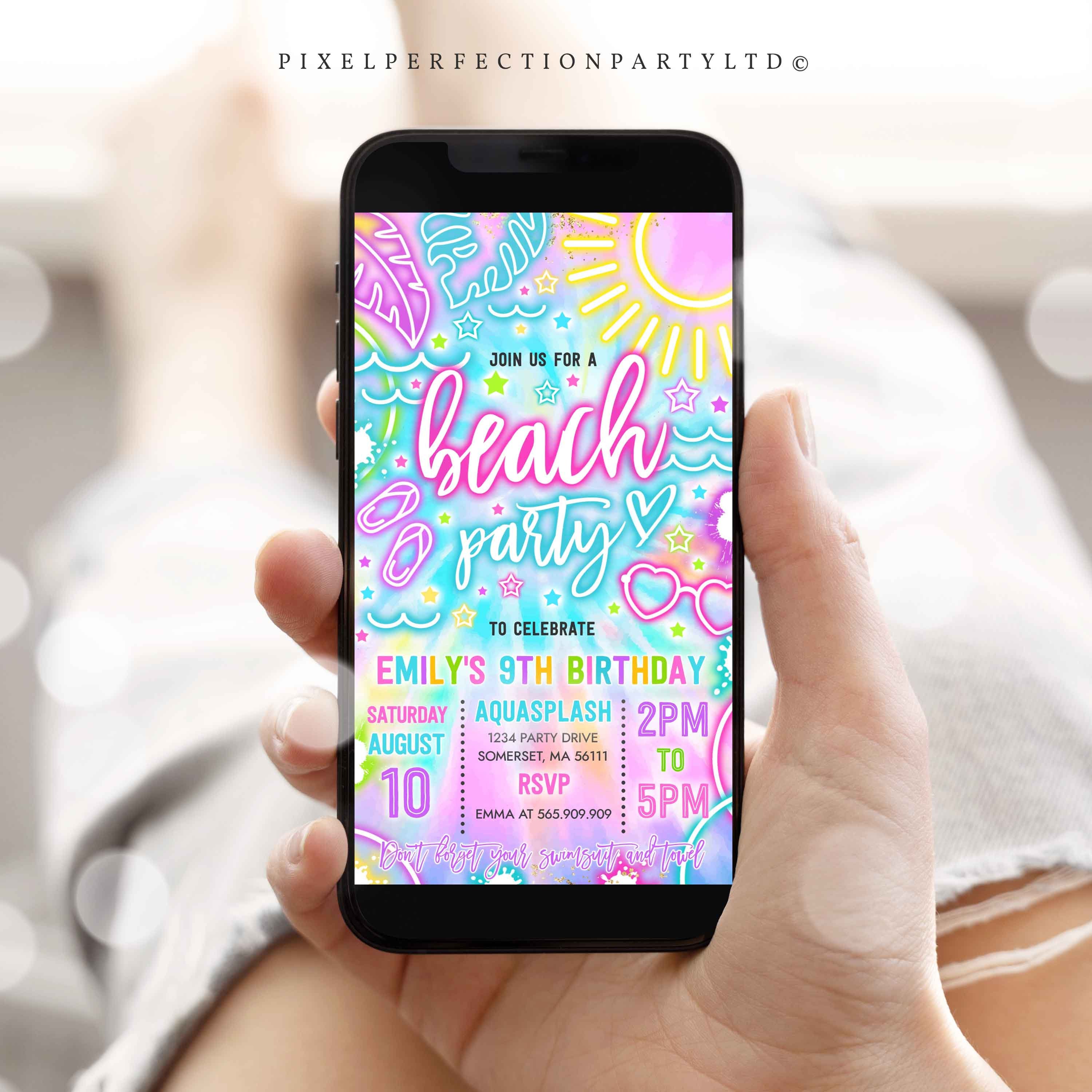 Editable Beach Birthday Party Evite Invitation Glow Neon Tie Dye Summer ...