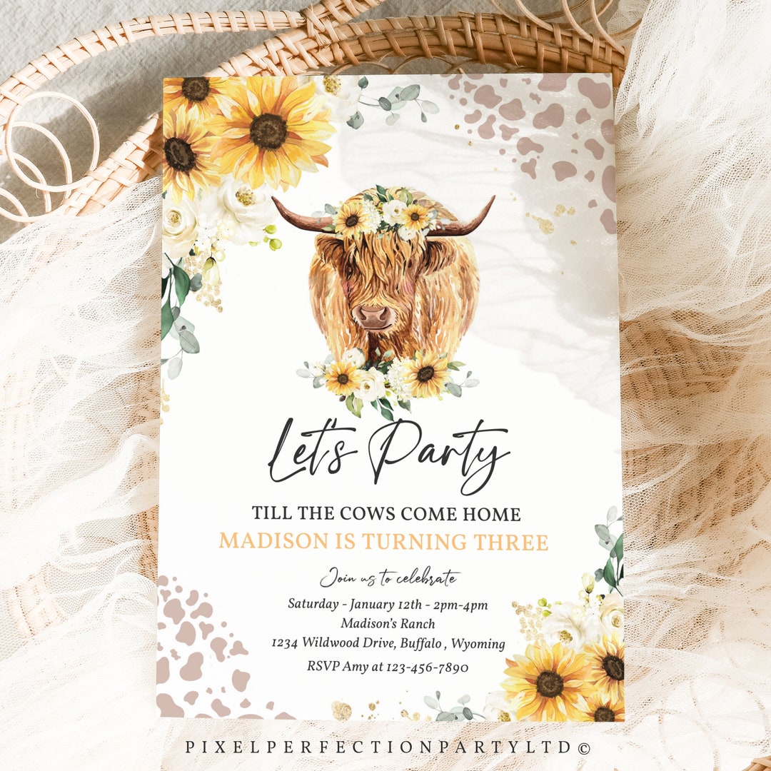 Editable Sunflower Cow Birthday Party Invitation Let's Party Till the ...