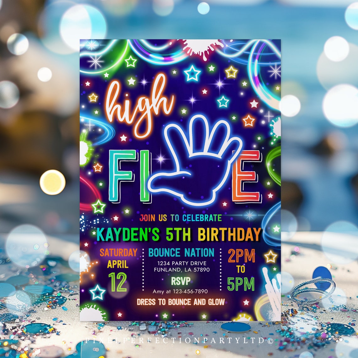 Editable High Five Birthday Party Invitation Neon Glow High Five Hi ...