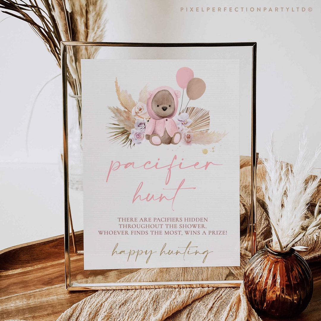 Boho Teddy Bear Baby Shower Pacifier Hunt Game Sign Bohemian Pampas ...