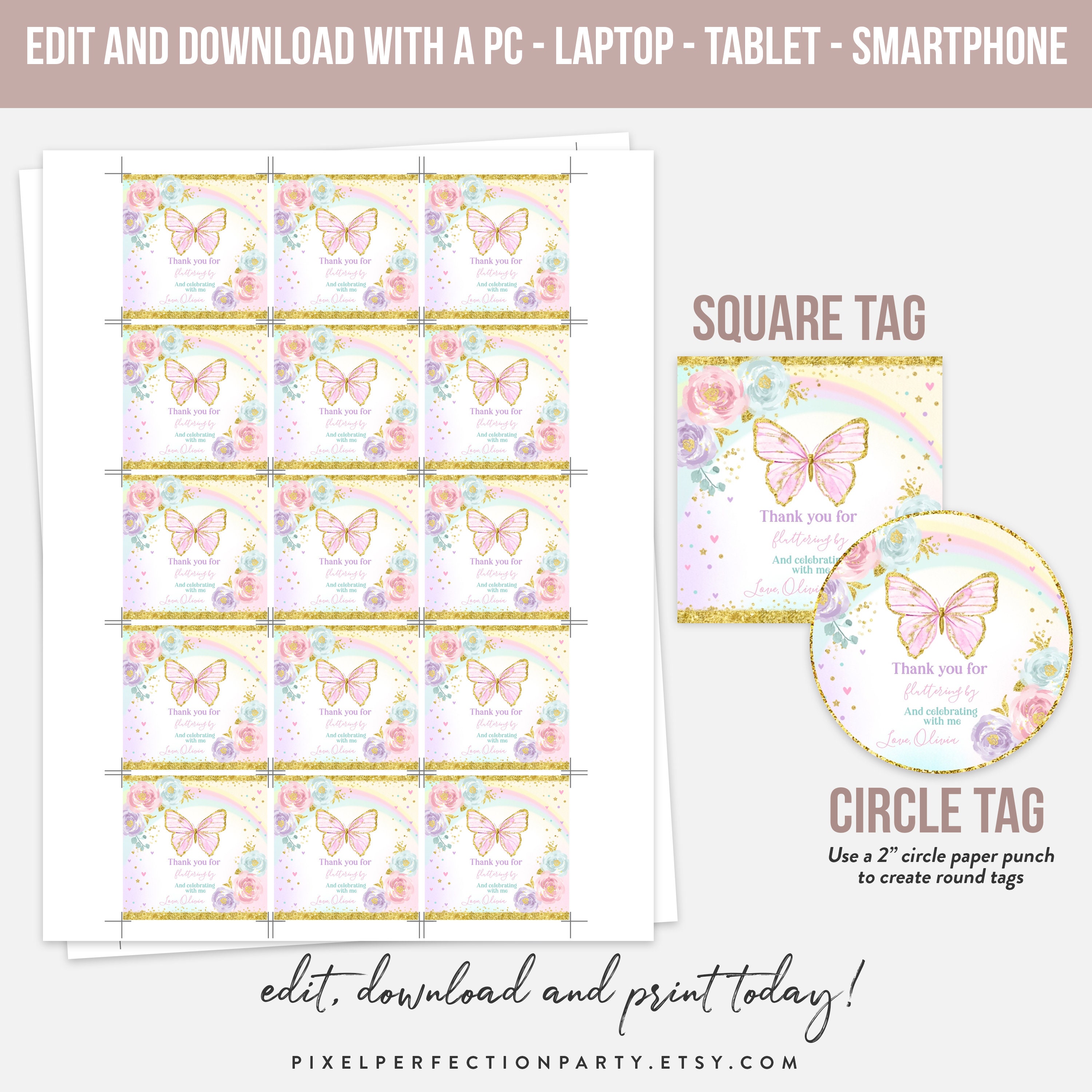 Editable Butterfly Birthday Favor Tags Whimsical Pink And Gold | Etsy