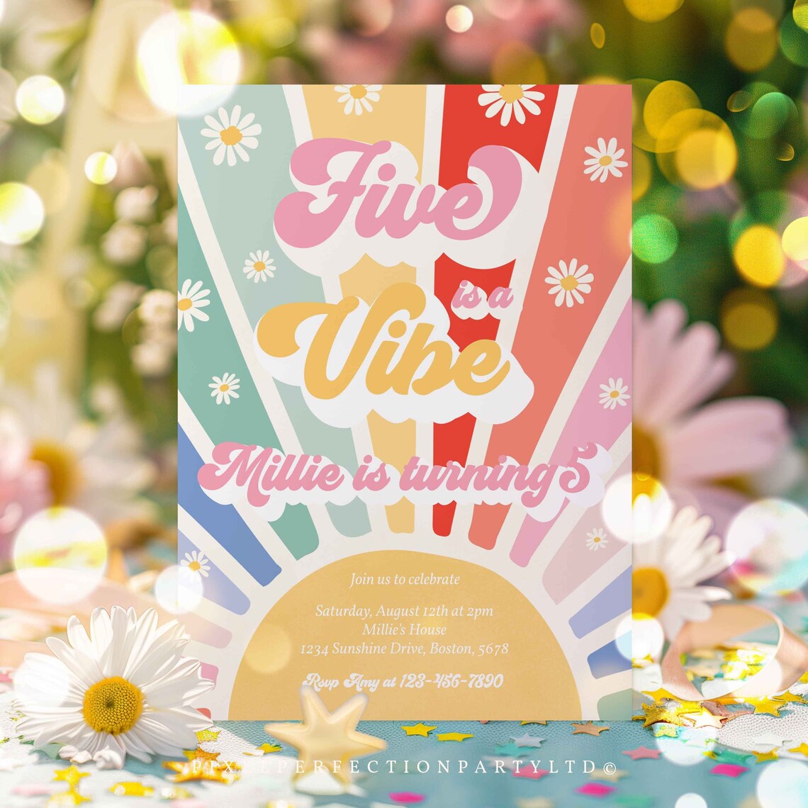 Editable Five is A Vibe Birthday Invitation Retro Daisy Sunshine 5th ...