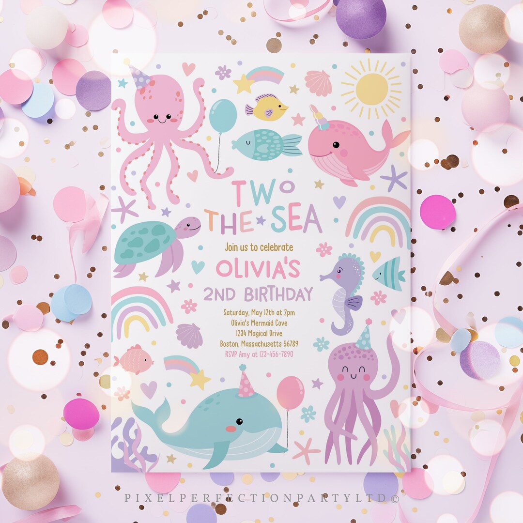 Editable Two the Sea 2nd Birthday Party Invitation Cute Sea Creatures ...