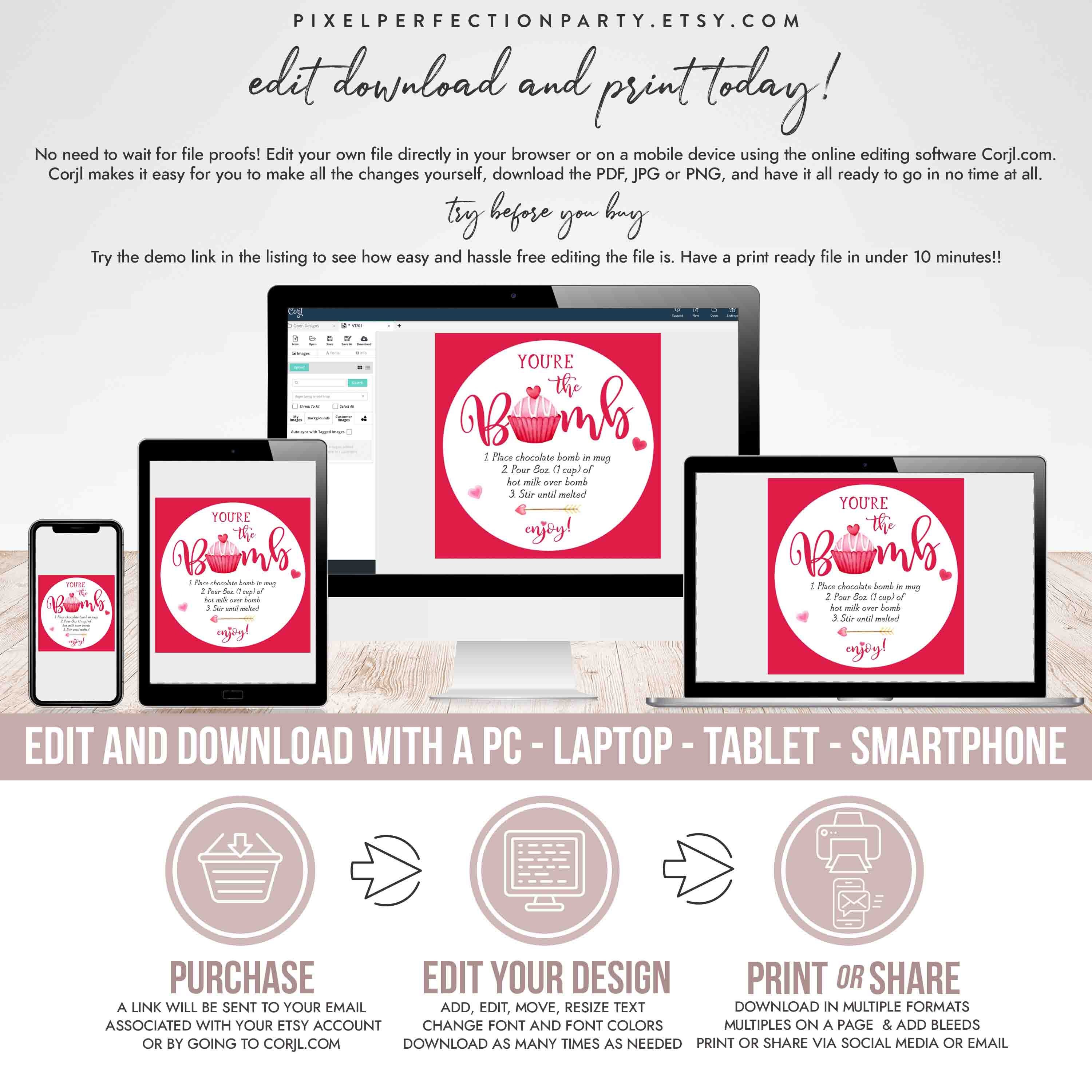 Editable Hot Chocolate Bomb Tag Valentine's Day Hot Cocoa | Etsy