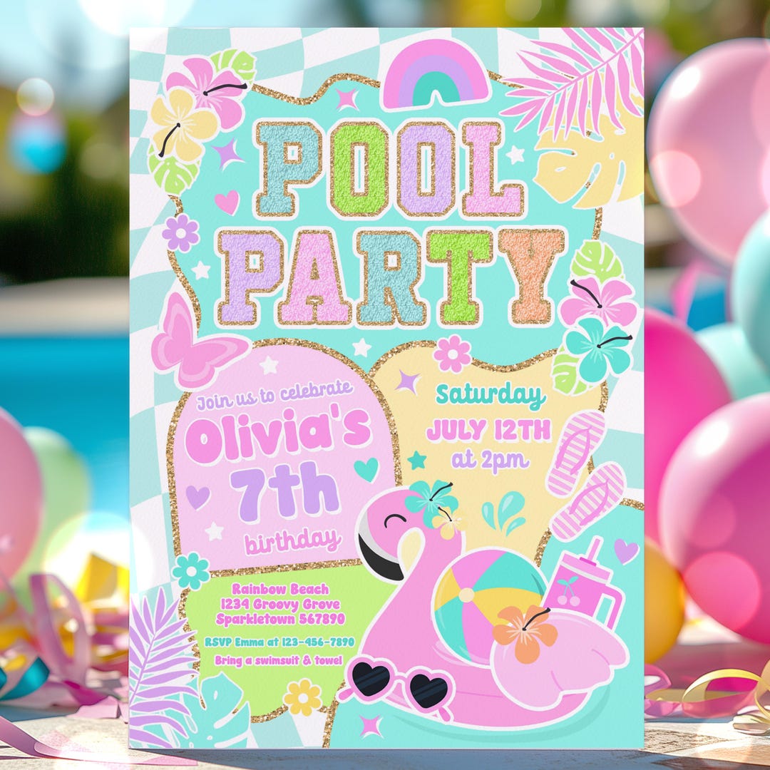 Editable Preppy Pool Party Invitation Varsity Fashion Preppy Girly Pool ...