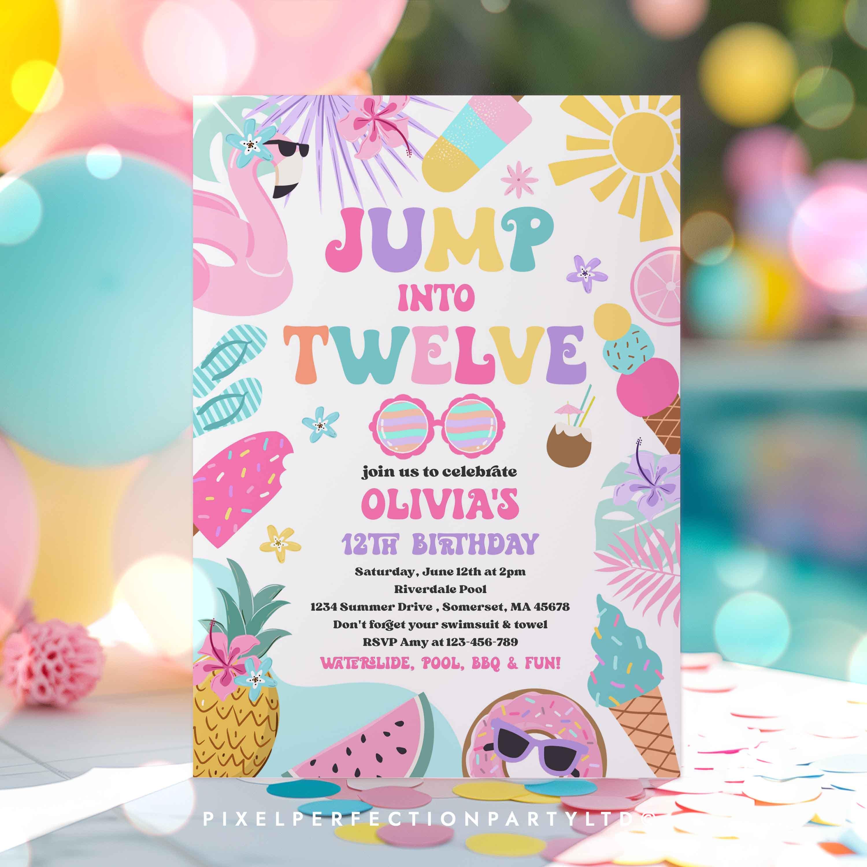 Editable Jump Into Twelve 12th Birthday Party Invitation Tropical ...