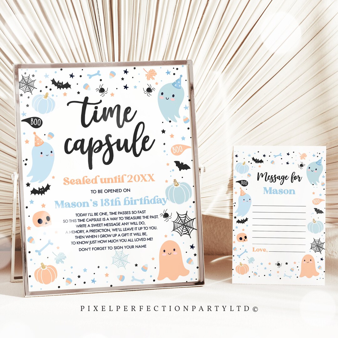 Editable Blue Halloween Ghost Time Capsule and Note Card Cute Ghost ...