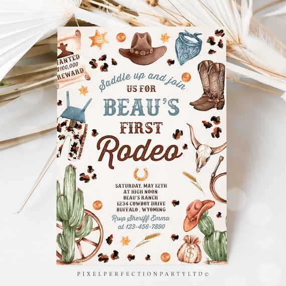 Editable Cowboy Birthday Party Invitation Wild West Cowboy 1st Rodeo ...