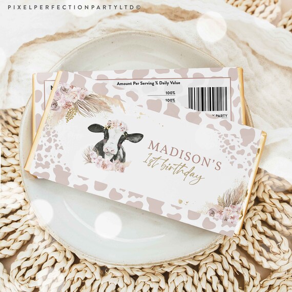 Editable Cow Birthday Party Candy Bar Label Holy Cow Farm Birthday Boho ...