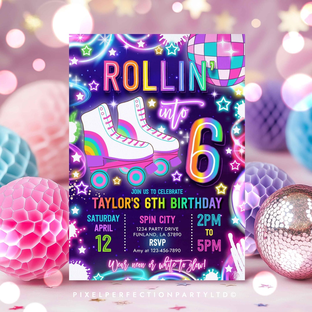 Editable Roller Skating 6th Birthday Party Invitation Rollin' Into Six ...