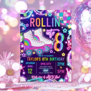 Editable Roller Skating 8th Birthday Party Invitation Rollin' Into ...