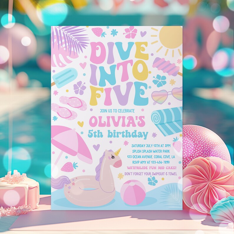 Editable Dive Into Five 5th Birthday Party Invitation Tropical Summer ...