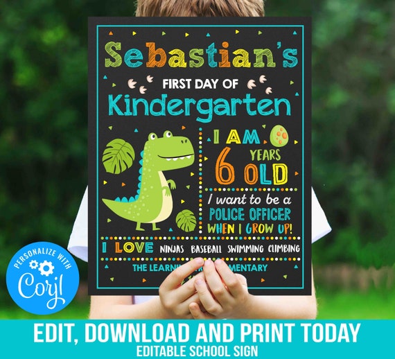 First Day of Kindergarten Sign Dinosaur First Day of Kindergarten Sign ...