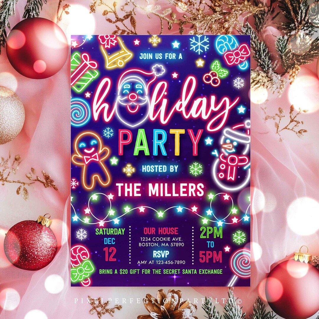Editable Glow Holiday Party Invitation Neon Christmas Party Invitation ...