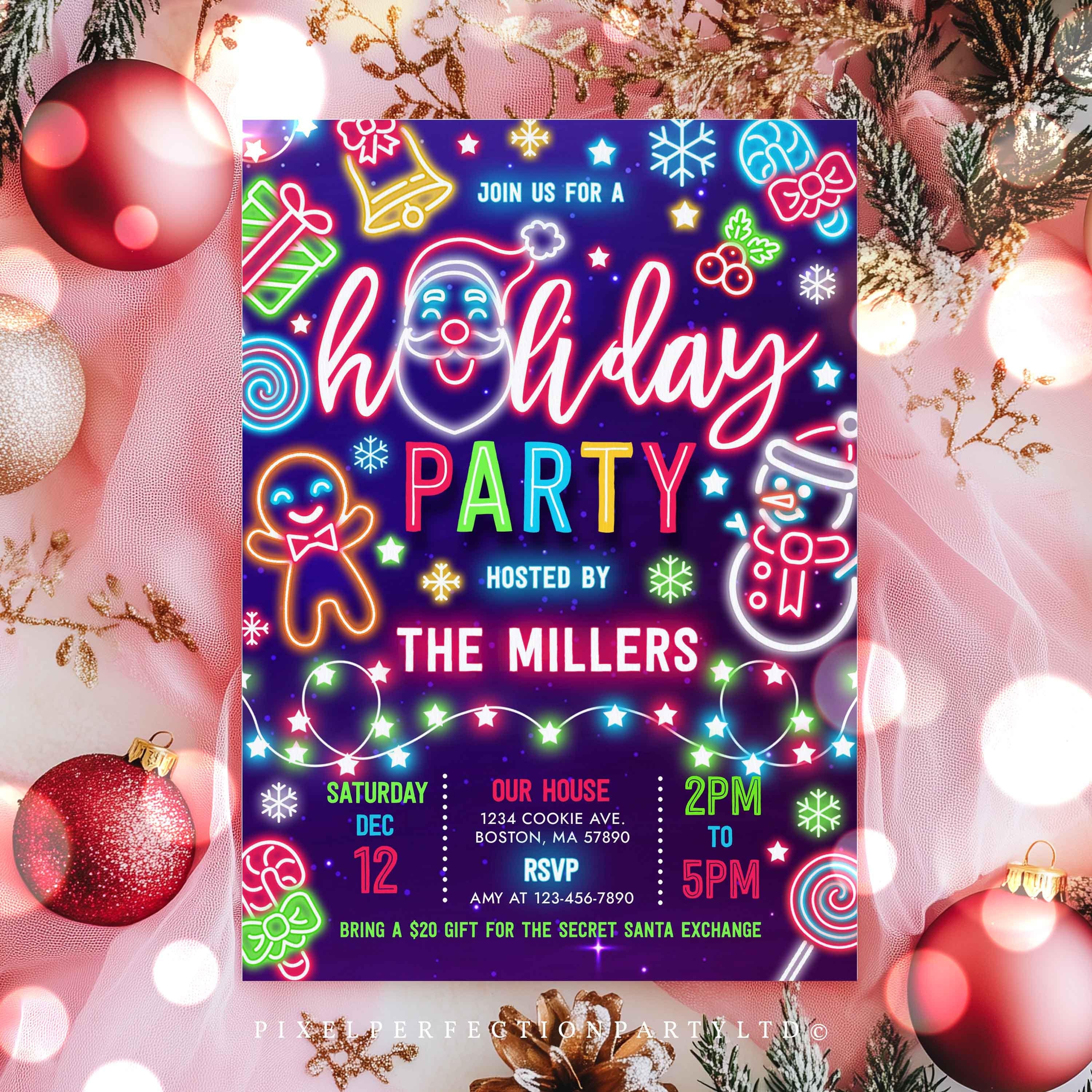 Editable Glow Holiday Party Invitation Neon Christmas Party Invitation ...