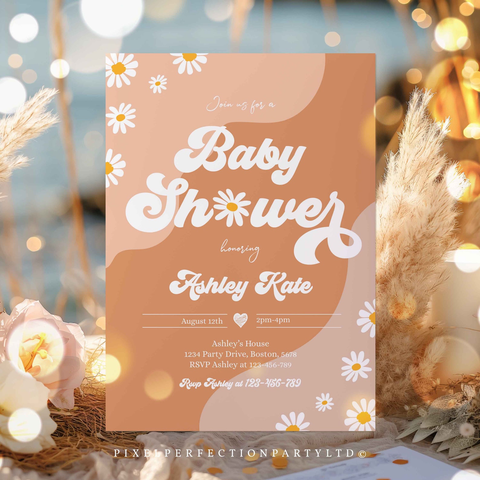 Editable Retro Baby Shower Invitation Retro Bohemian Hippie Vibes Daisy ...