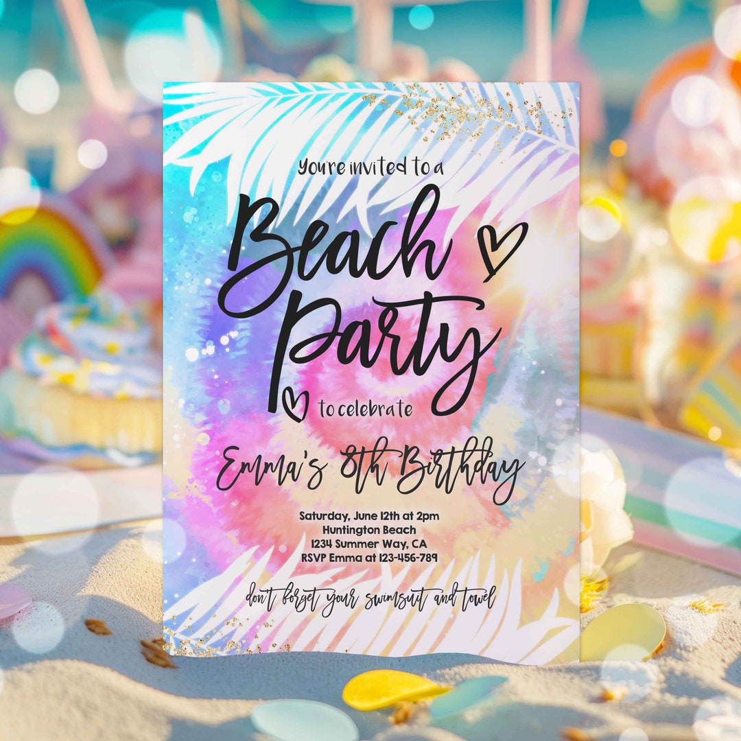 Editable Beach Party Invitation Girly Tie Dye Beach Party Invitation ...