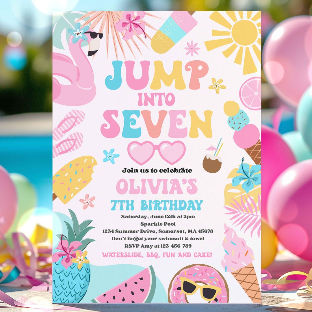 Editable Jump Into Seven 7th Birthday Pool Party Invitation Tropical ...