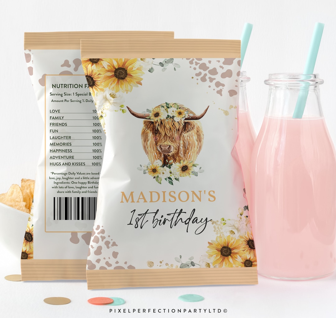 Editable Sunflower Cow Chip Bag Labels Tags Holy Cow I'm One Birthday ...