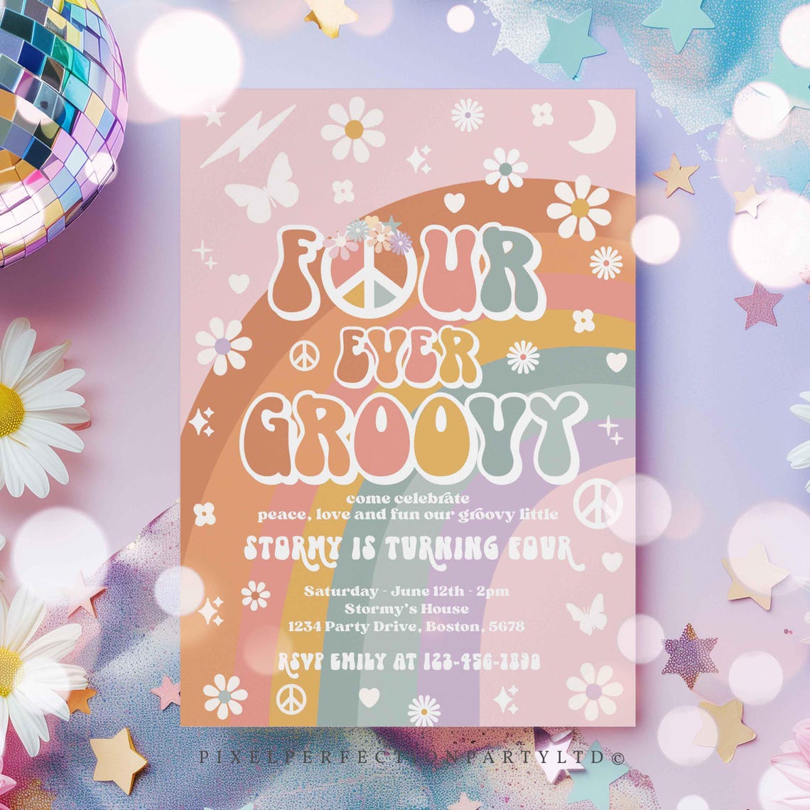Editable Four Ever Groovy Birthday Party Invitation Peace Love Party ...