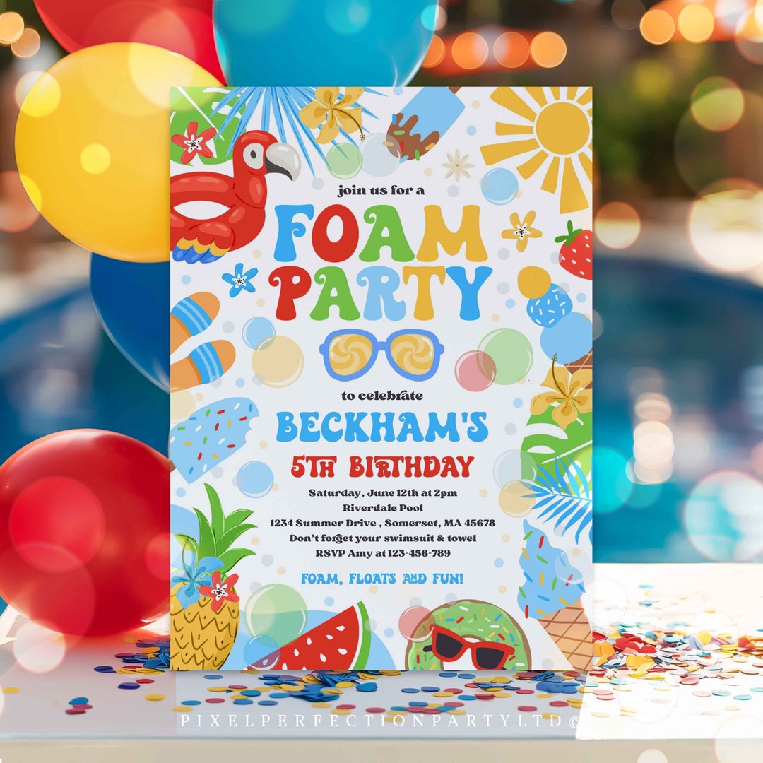 Editable Foam Birthday Party Invitation Tropical Pool Foam Boy Pool ...