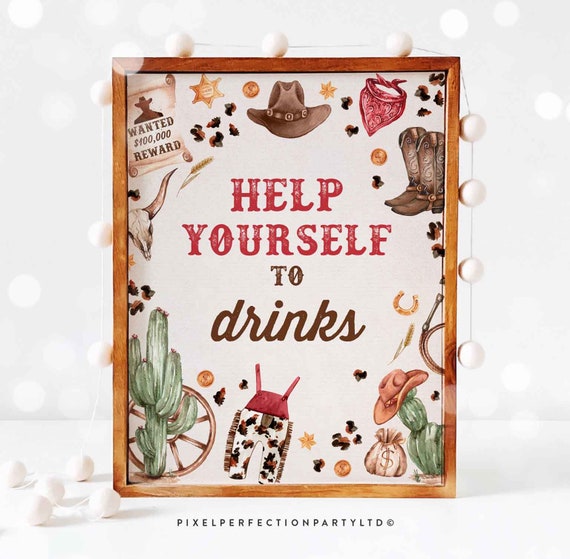 Cowboy Birthday Party Help Yourself To Drinks Sign Wild West Cowboy 1st ...