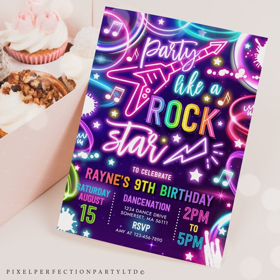 Editable Rock Star Birthday Party Invitation Neon Glow Party Like A ...